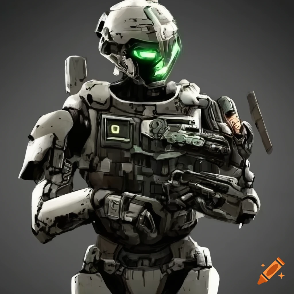 Futuristic military robot soldier armed in a sci-fi setting on Craiyon