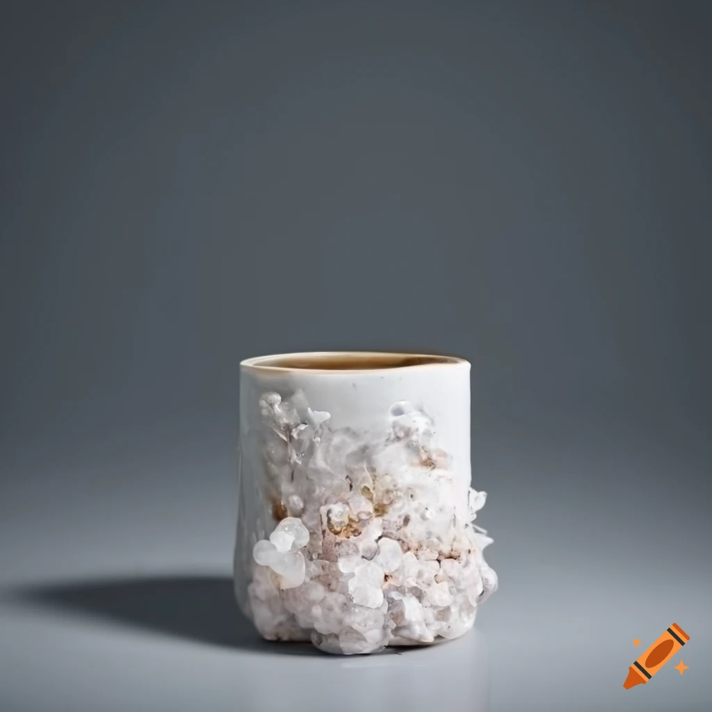 White porcelain pot with crocodile relief and rock salt quartz crystals ...