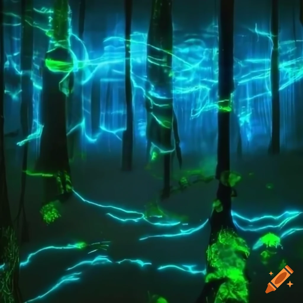 Biopunk paradise with glowing bioluminescent trees in a surreal forest on Craiyon