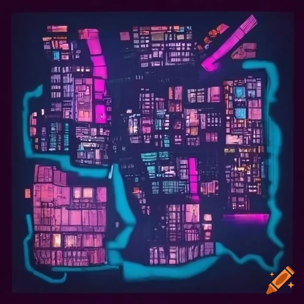 City map in cyberpunk style with 3 districts on an island on Craiyon