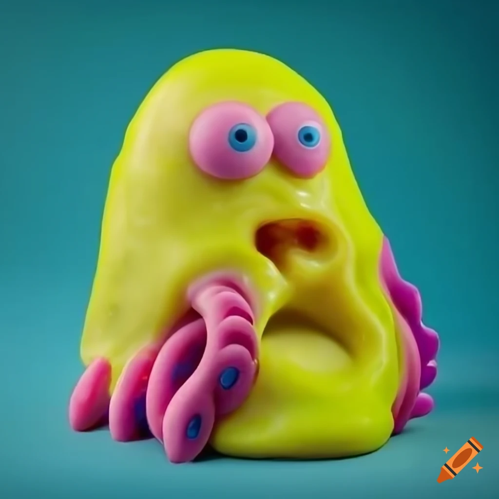 Distorted plasticine blob in spongebob squarepants shape with tentacles and sharp teeth on Craiyon