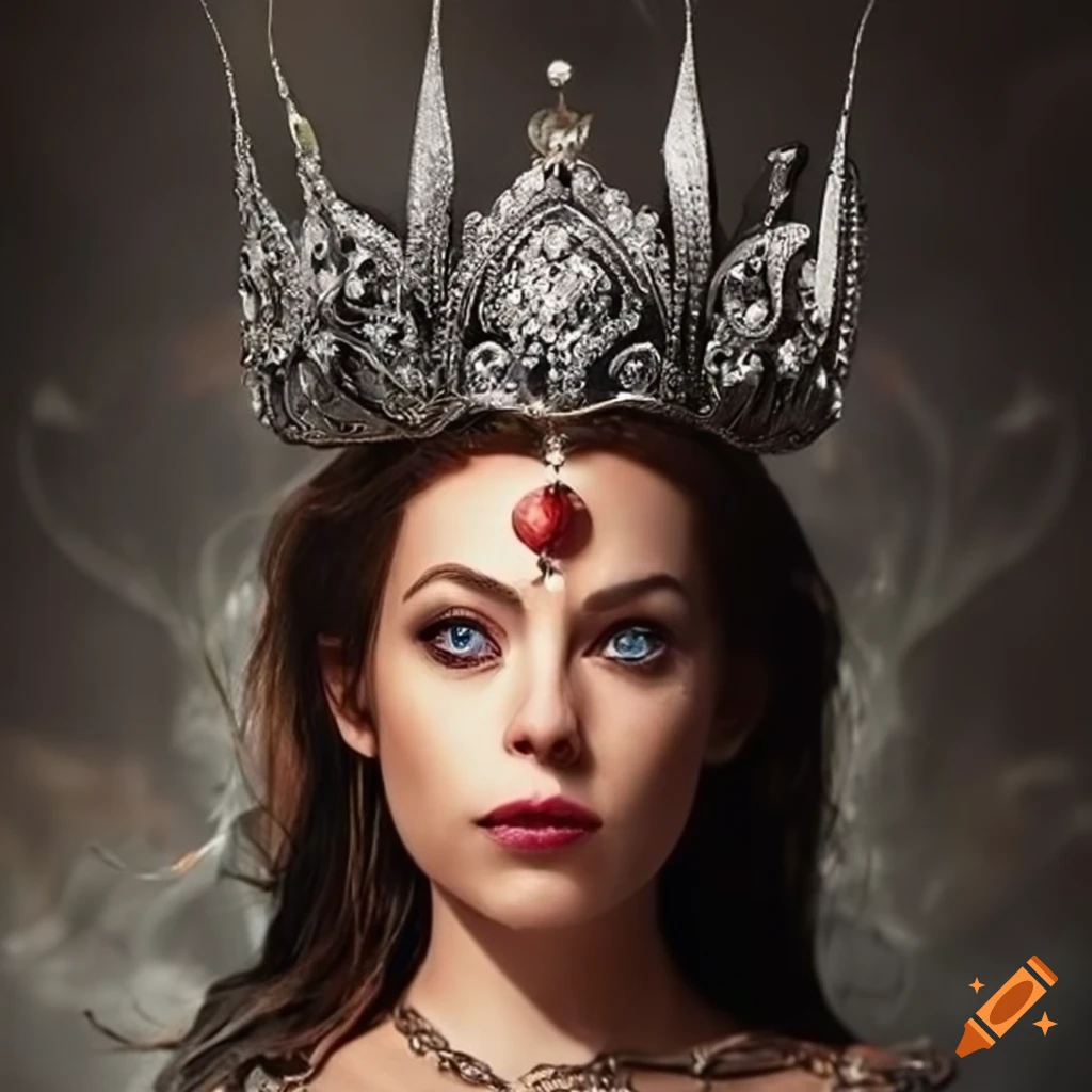 Royal silver raven crown worn by an evil queen on Craiyon