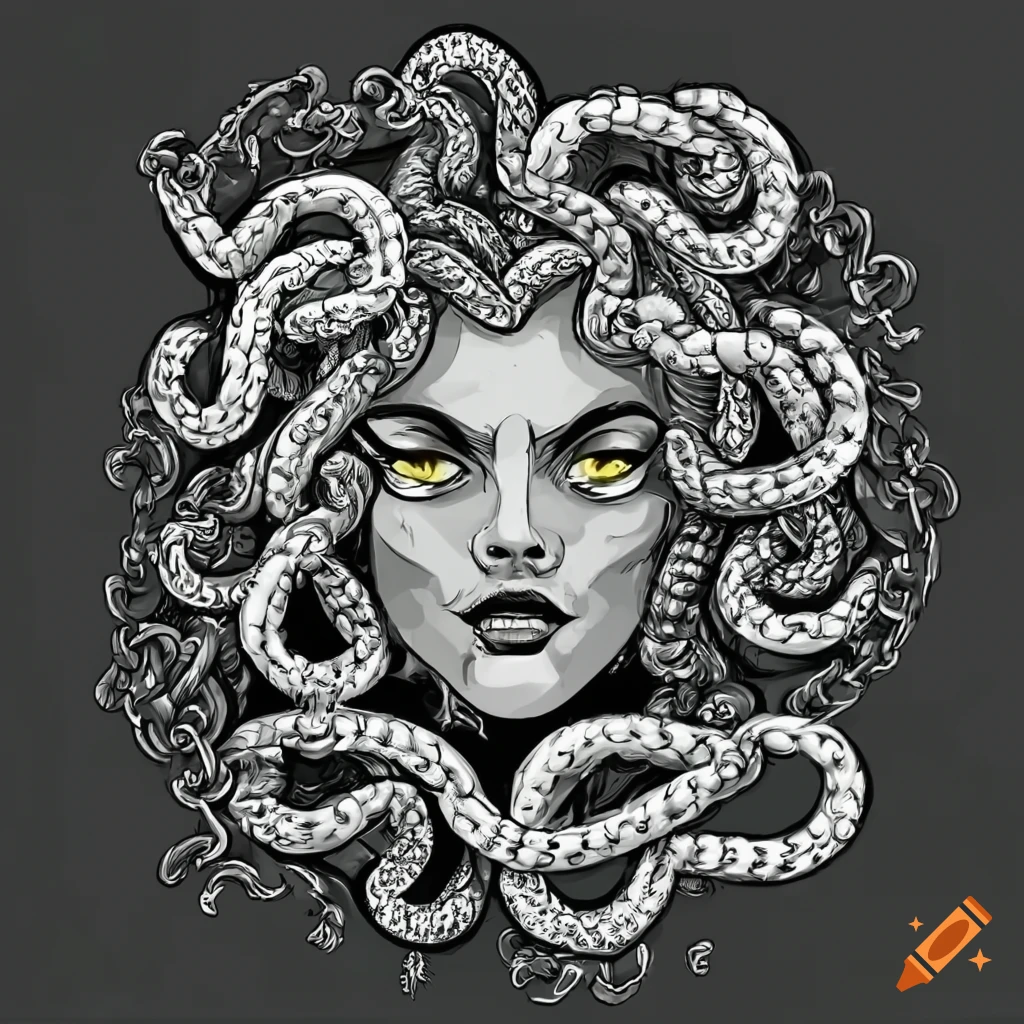 Mythological creature Medusa in black and white with chained hair on ...