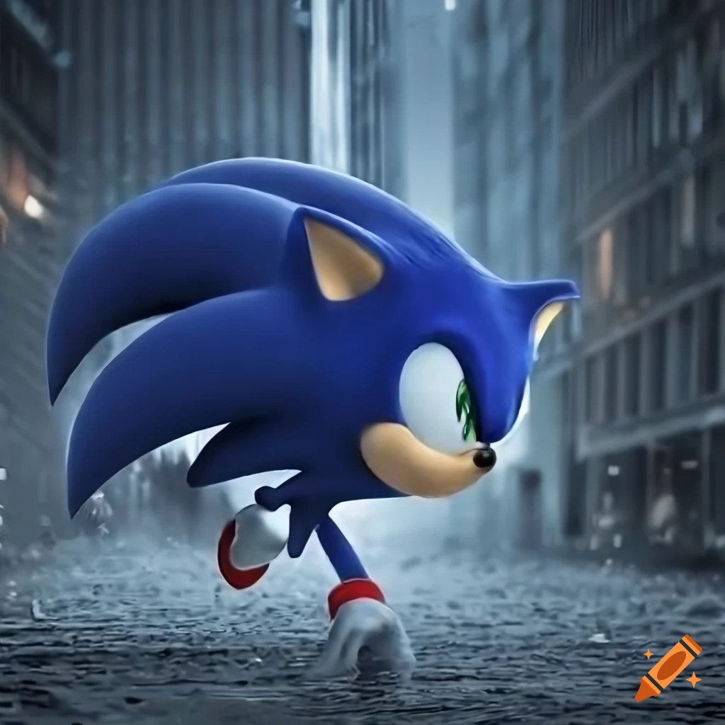 Happy sonic the hedgehog running in a rain-soaked city at night on Craiyon