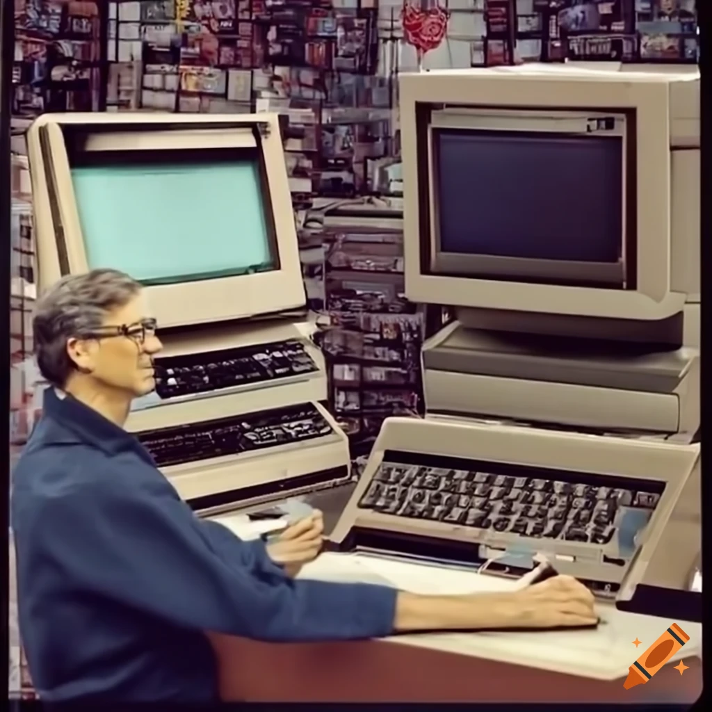 Bill Gates, Steve Jobs, and Tux at a retro electronic-themed mall ...