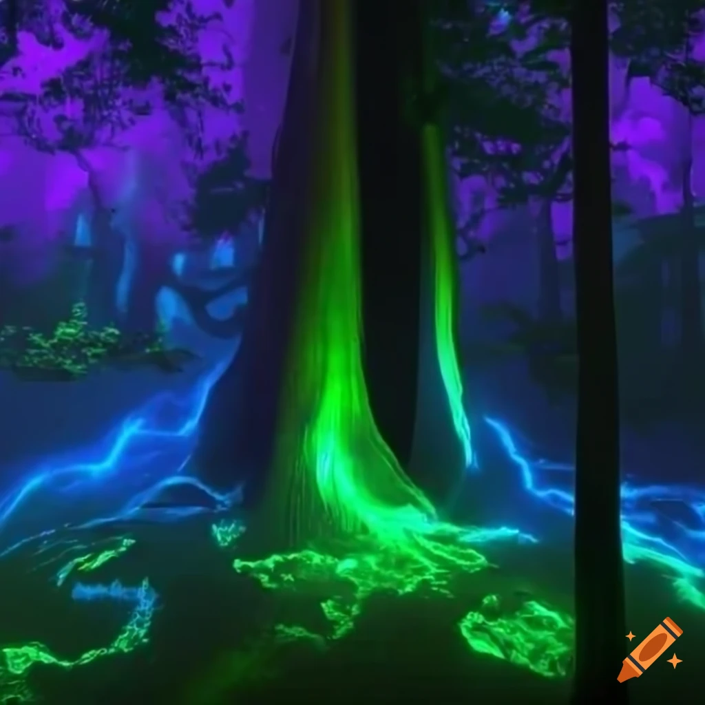 Biopunk paradise with glowing bioluminescent trees in a surreal forest on Craiyon