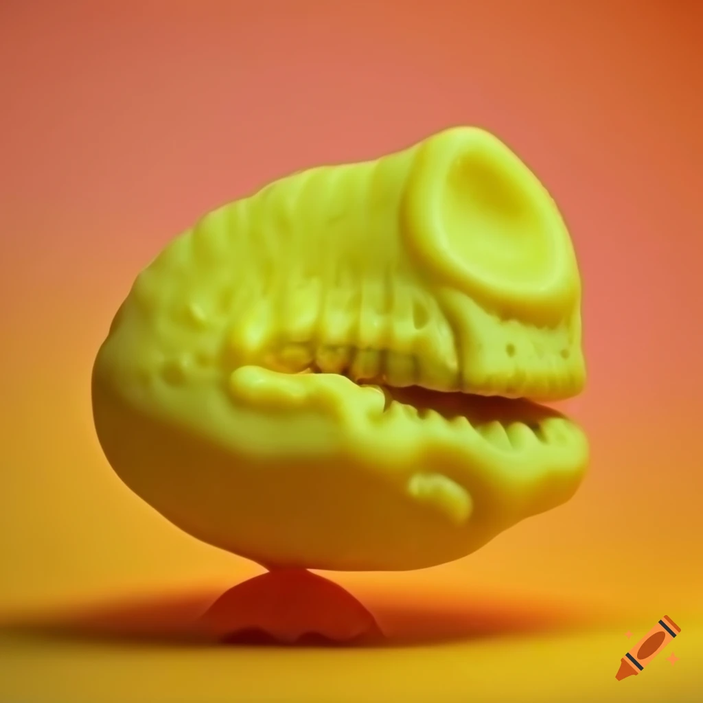 Unique yellow plasticine creature with tentacle-like limbs and sharp teeth on Craiyon