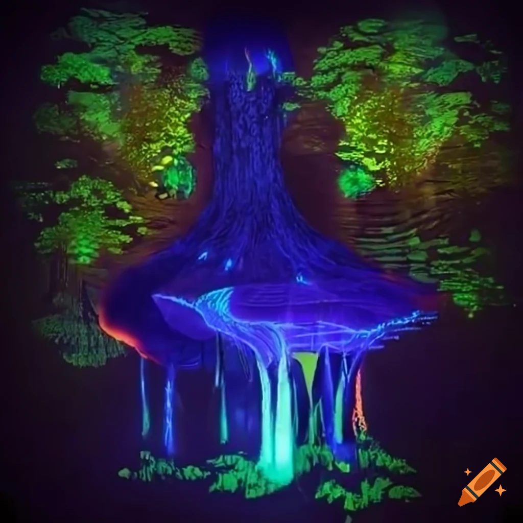 Biopunk paradise with glowing bioluminescent trees in a surreal forest on Craiyon