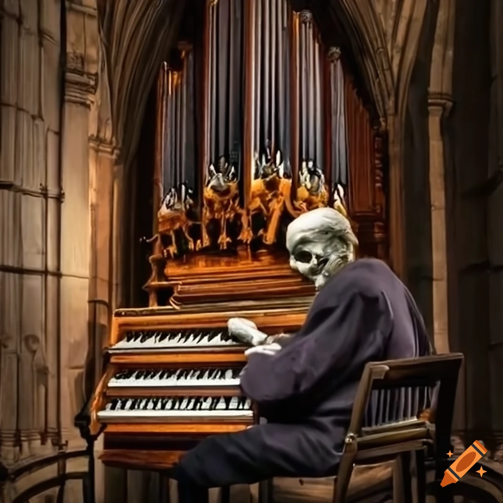 Skeleton musician playing a pipe organ in a gothic castle on Craiyon