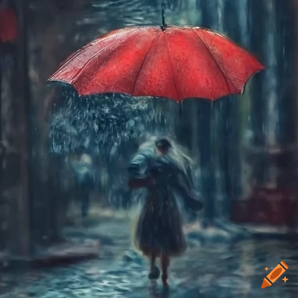 Person walking in rain storm with red umbrella inspired by renoir on ...