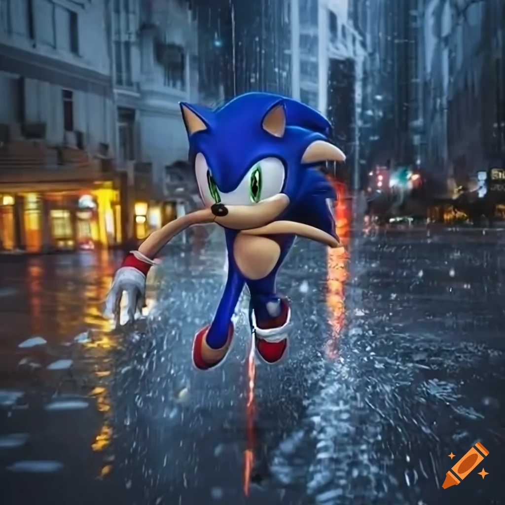 Happy sonic the hedgehog running in a rain-soaked city at night on Craiyon