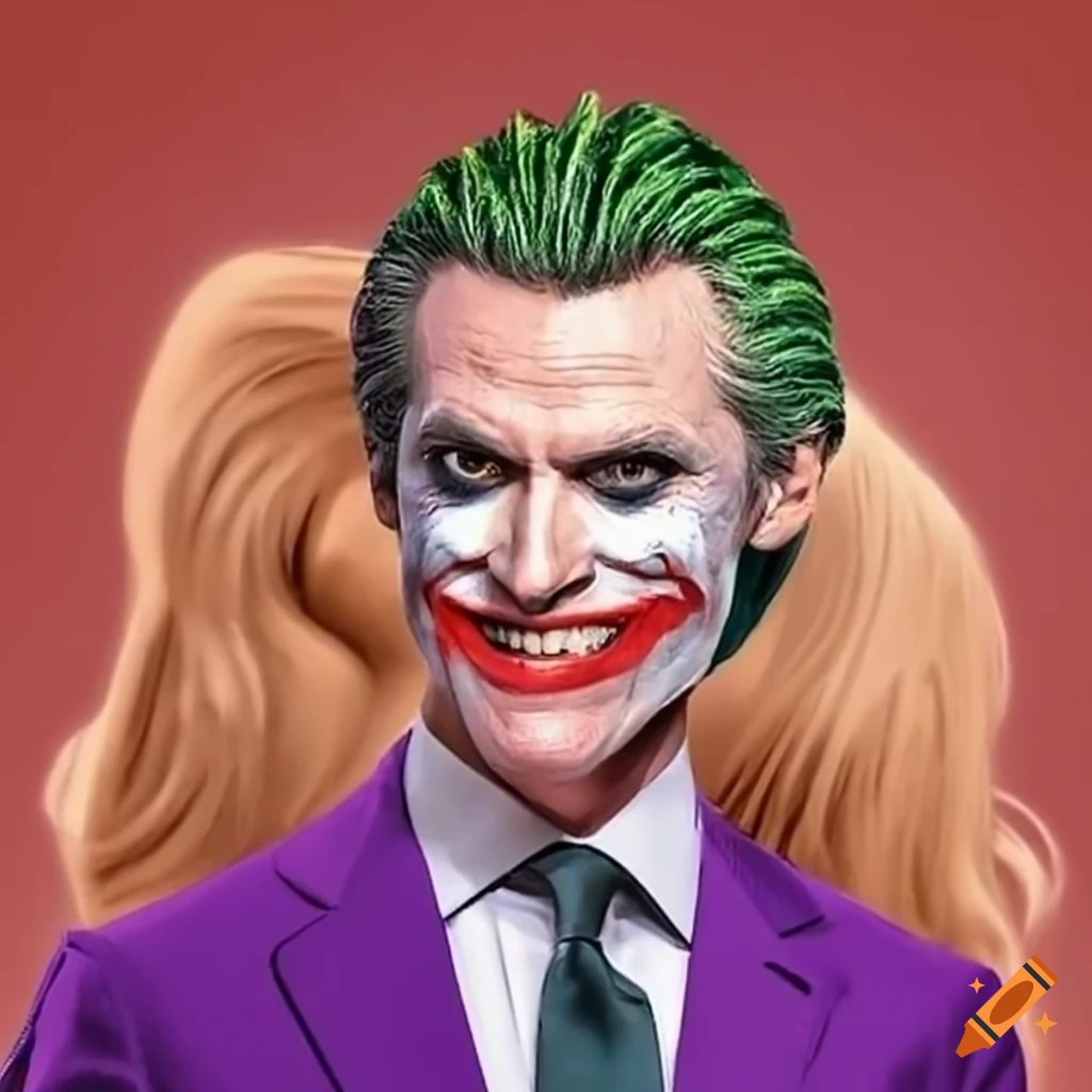 Political parody of Gavin Newsom as The Joker with exaggerated features ...