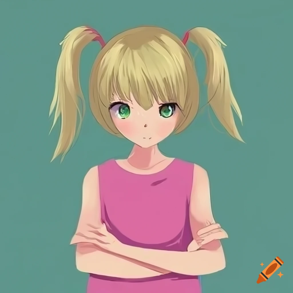 Anime Girl With Blonde Hair And Green Eyes In A Light Pink Sleeveless T Shirt Arms Crossed On
