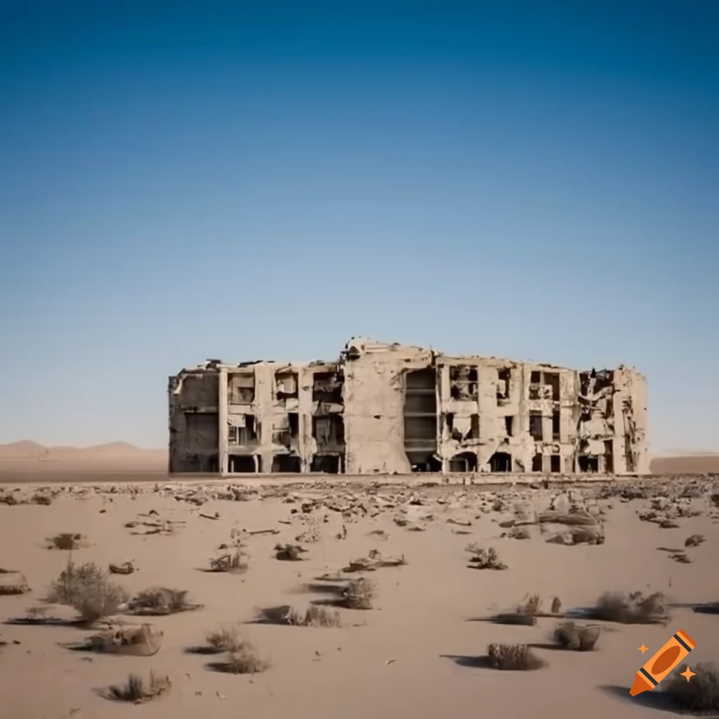 Large five-story concrete building in the desert during the day on Craiyon