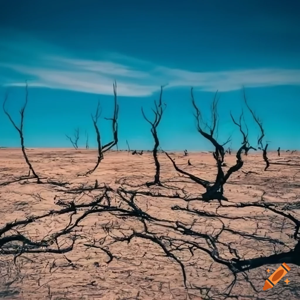 Wasteland landscape with burnt trees under a blue sky on Craiyon