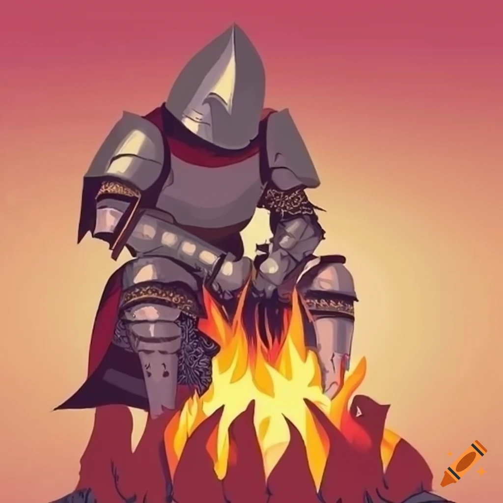 Knight sitting by a campfire on Craiyon