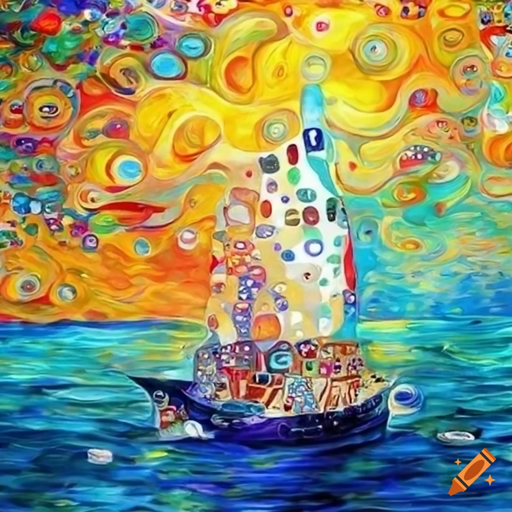 Sailing masterpiece art with Klimt and Gaudi-style sails in vivid colors on Craiyon