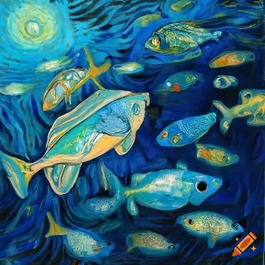 Artistic fusion with vibrant fish swimming in a blue sea on Craiyon