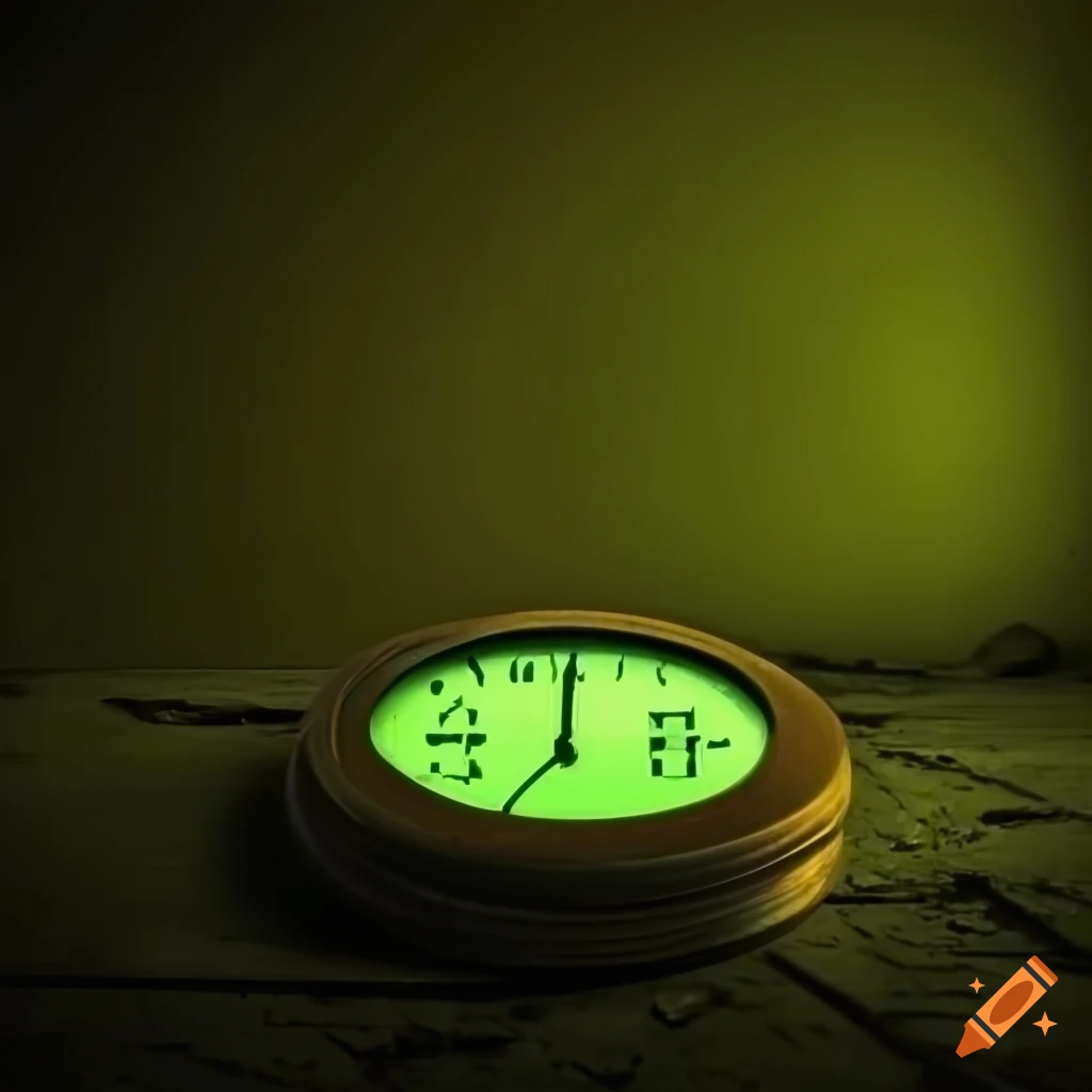 Digital clock in dark room with eerie yellowish green lighting on Craiyon