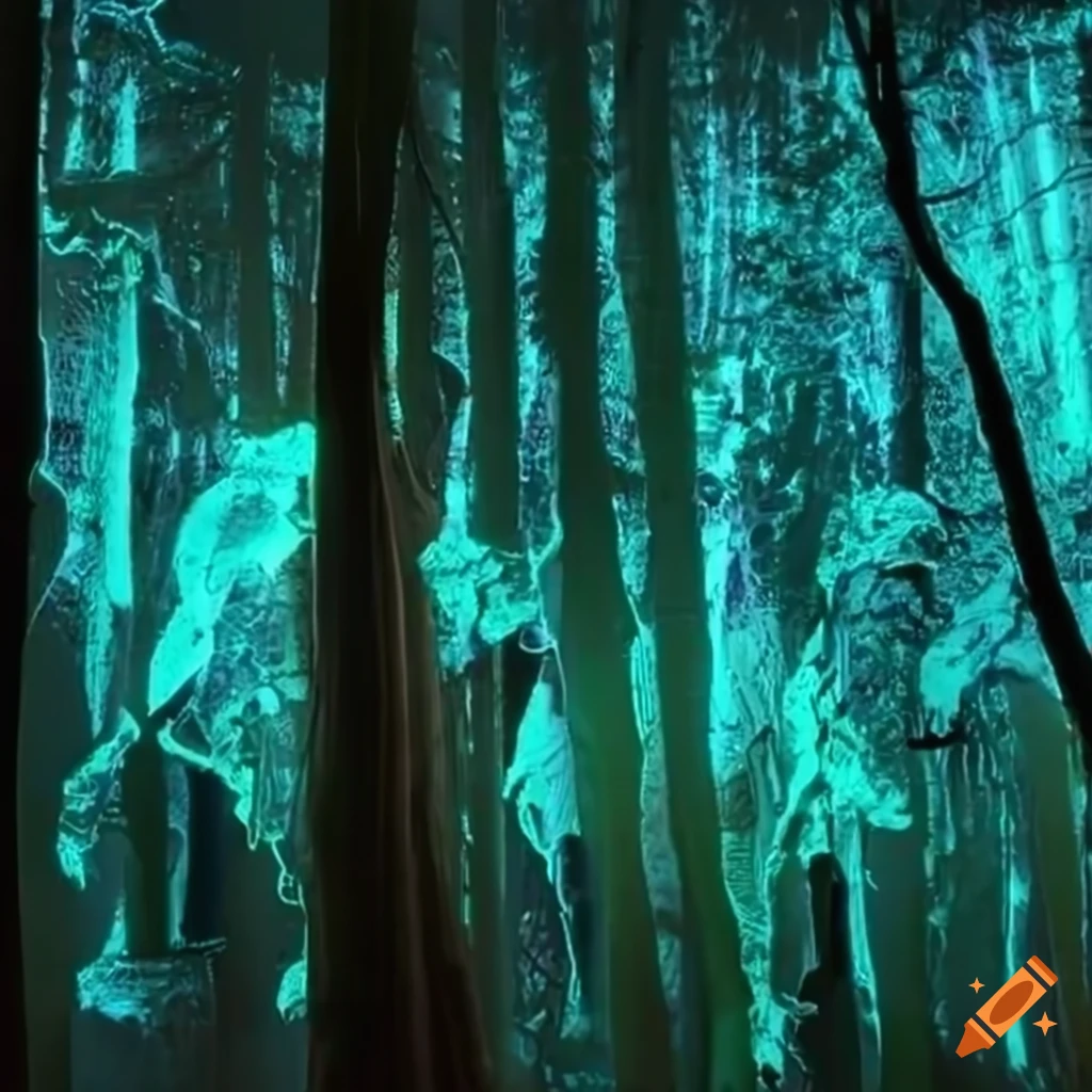 Biopunk paradise with glowing bioluminescent trees in a surreal forest on Craiyon
