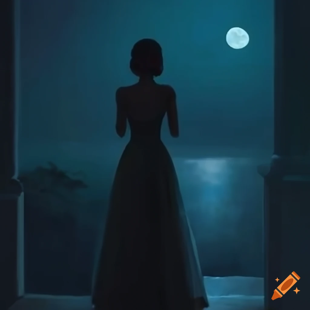 Woman on terrace at night with full moon, elegant dress swayed by ...