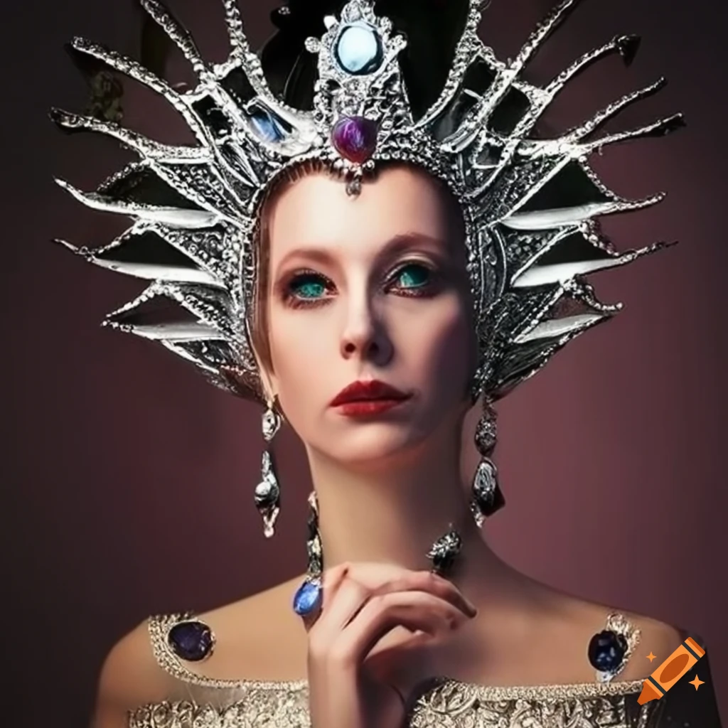 Royal silver raven crown worn by an evil queen on Craiyon