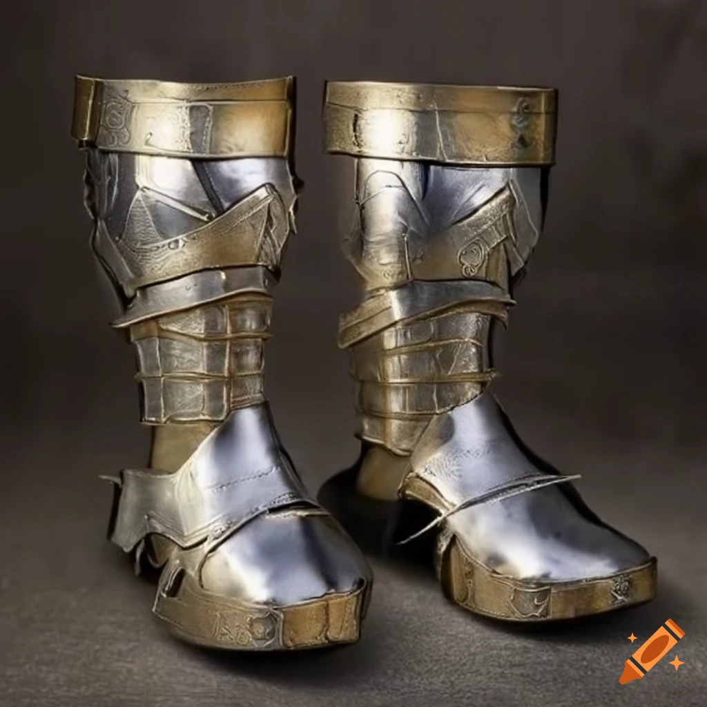 Medieval knight boots crafted from mithril with a magical aura on Craiyon