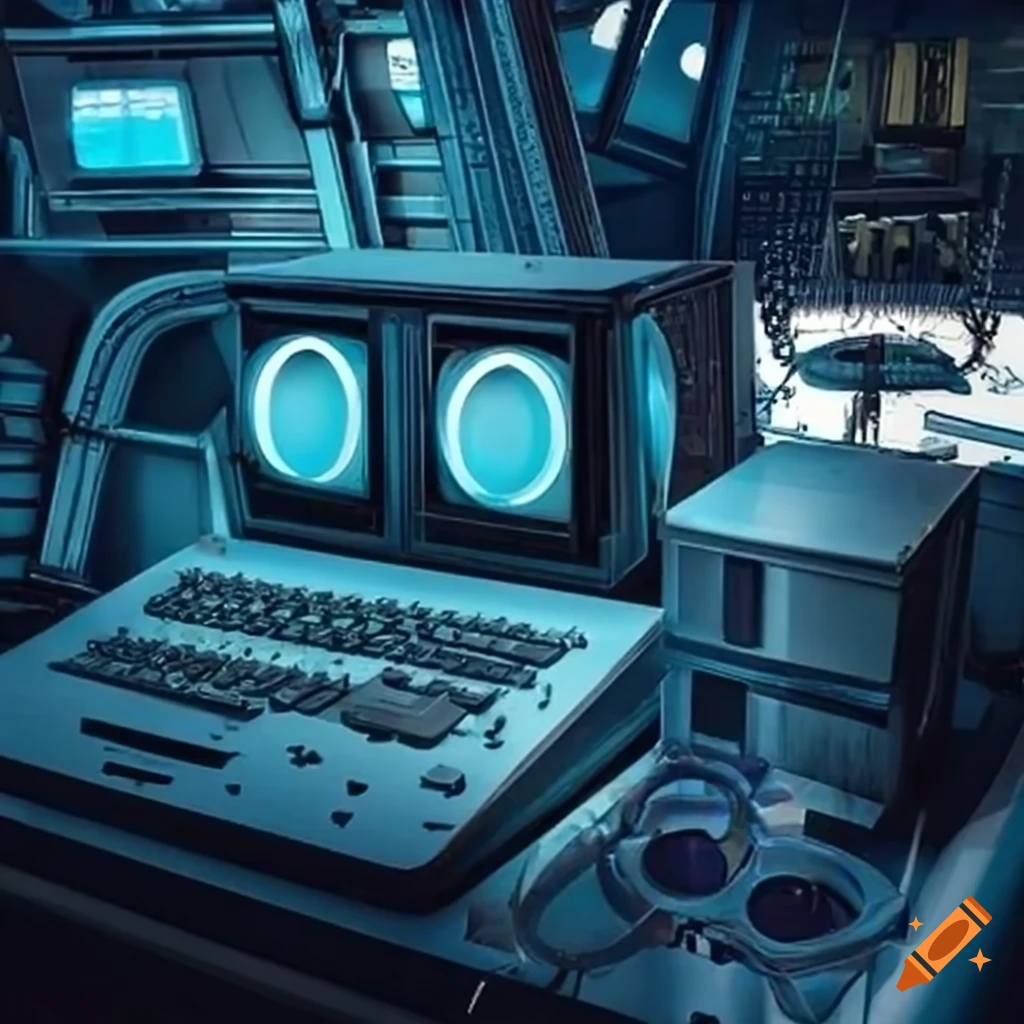 Futuristic super-computer on a pirate ship deck on Craiyon