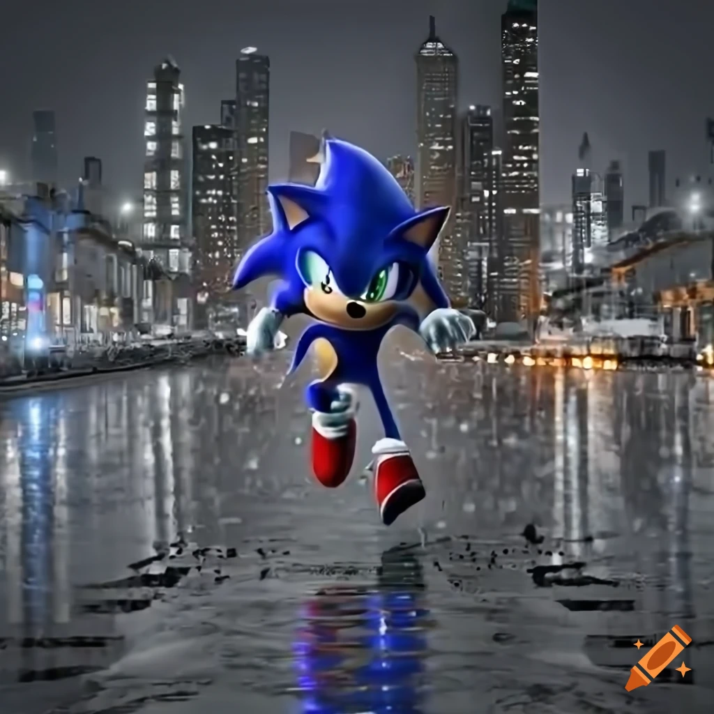 Happy sonic the hedgehog running in a rain-soaked city at night on Craiyon