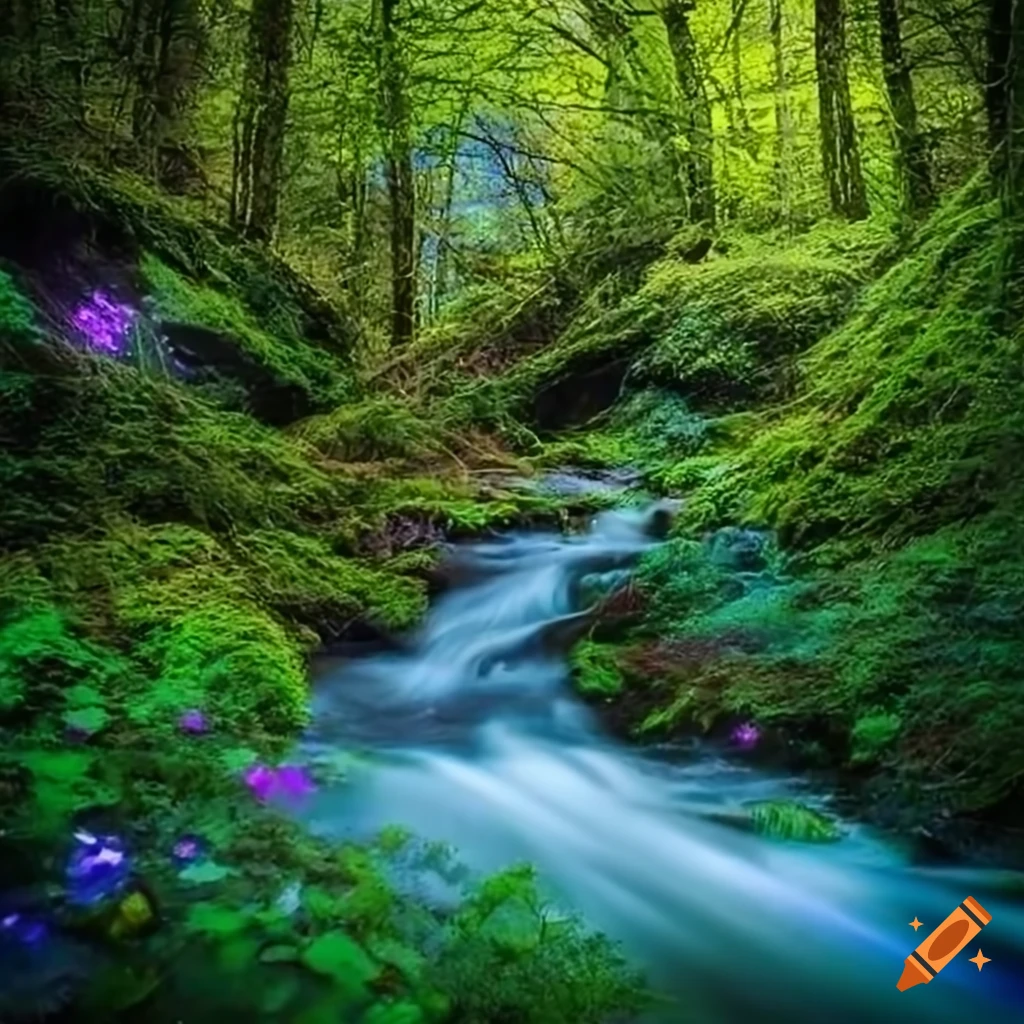 Enchanted forest clearing with blooming wildflowers and a sparkling ...