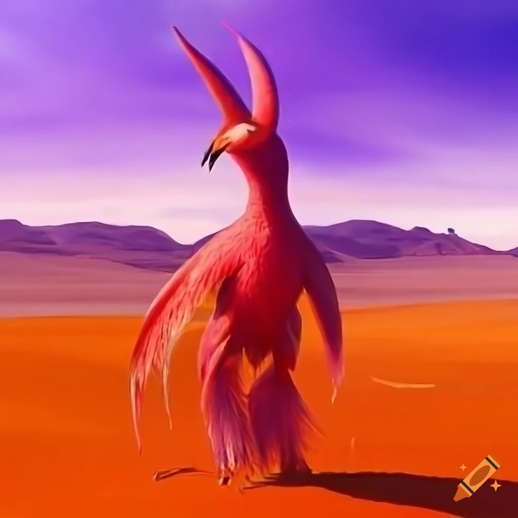 Fantasy scene with phoenix bird, flamingo man, and violet-robed man in ...