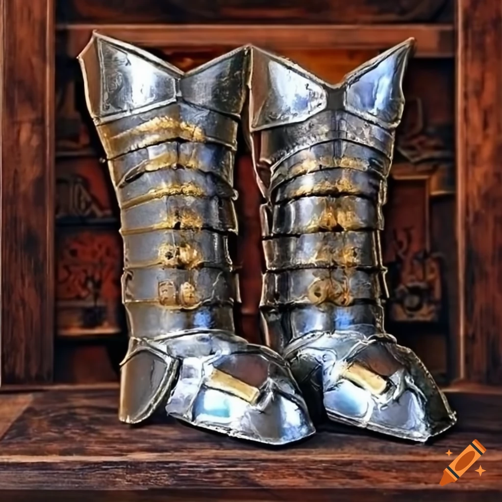 Medieval pair of adorned mithril plated knight boots for a leg armor ...