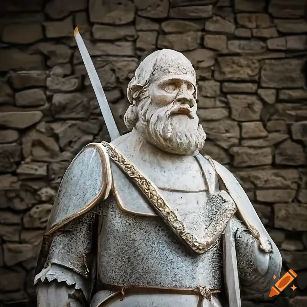 Statue of old medieval knight commander with stern expression and ...