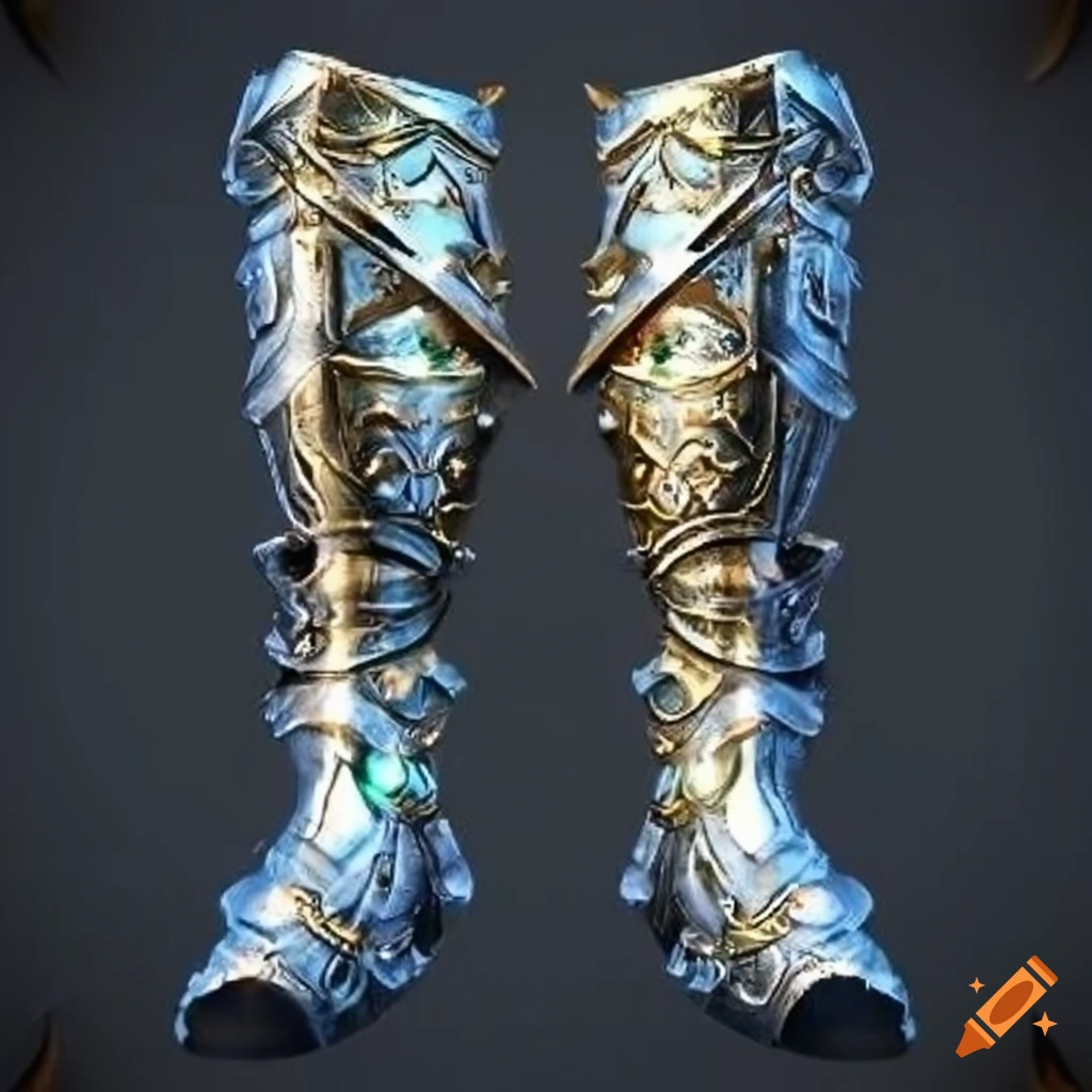 Pair of mithril plated knight boots with magical aura for leg armor ...