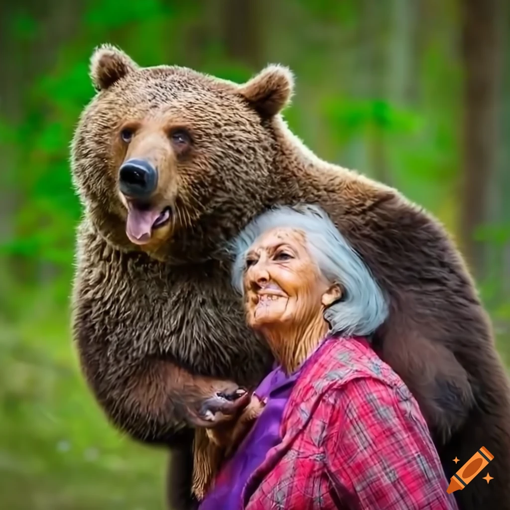Elderly woman peacefully interacting with a wild brown bear in nature ...