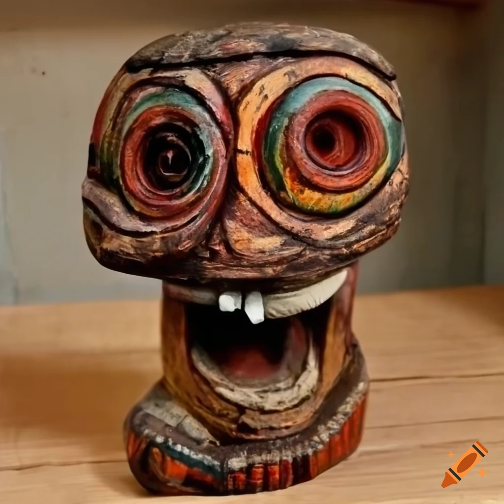 Rustic wooden idol of Giger's alien creature painted in Fauve style on ...
