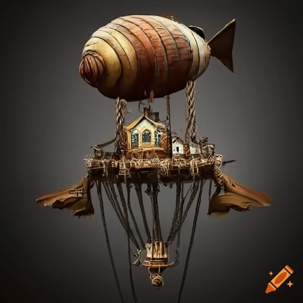 Steampunk dystopian airship attached to an orthodox church with ropes ...