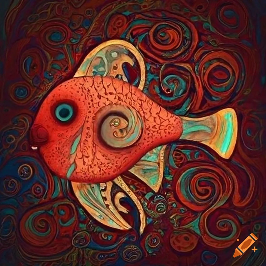 Vibrant red whimsical fish with intricate abstract designs on Craiyon