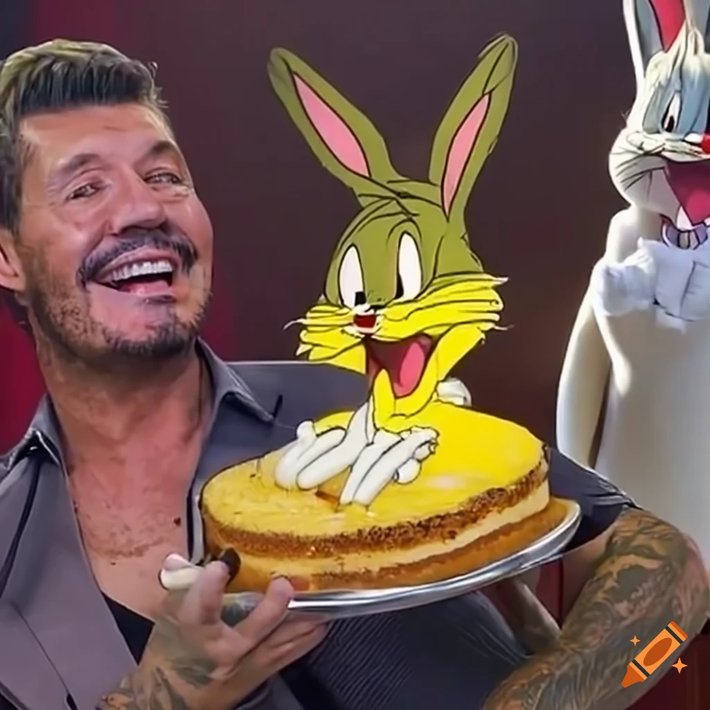 Yellow bugs bunny eating cake with marcelo tinelli on Craiyon