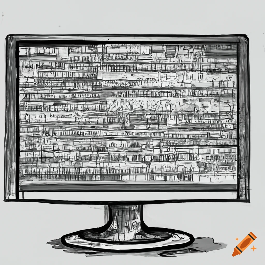 Unique artistic sketch of a data-filled monitor in black and white on ...