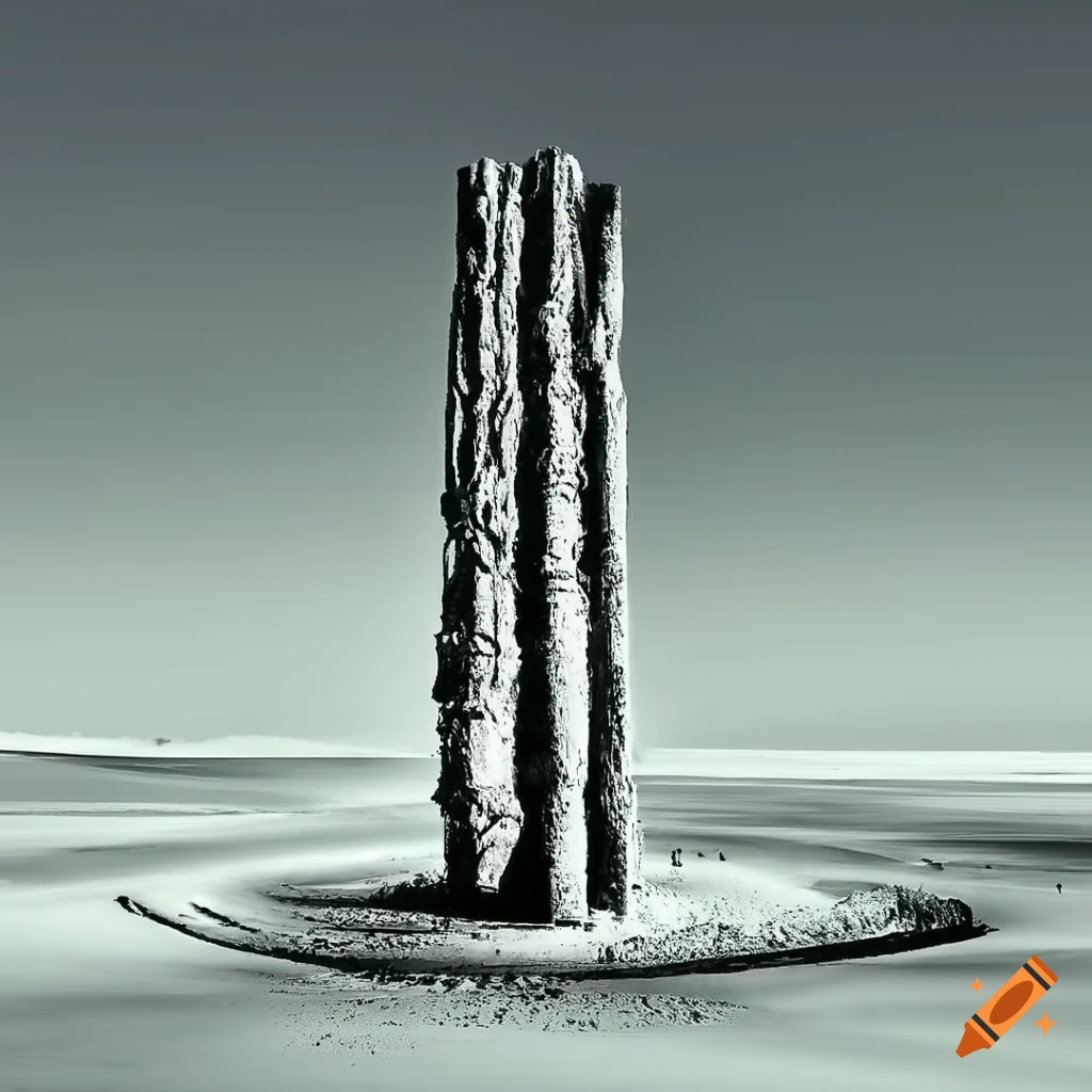 Distorted black column in a white desert under a gloomy sky in a ...