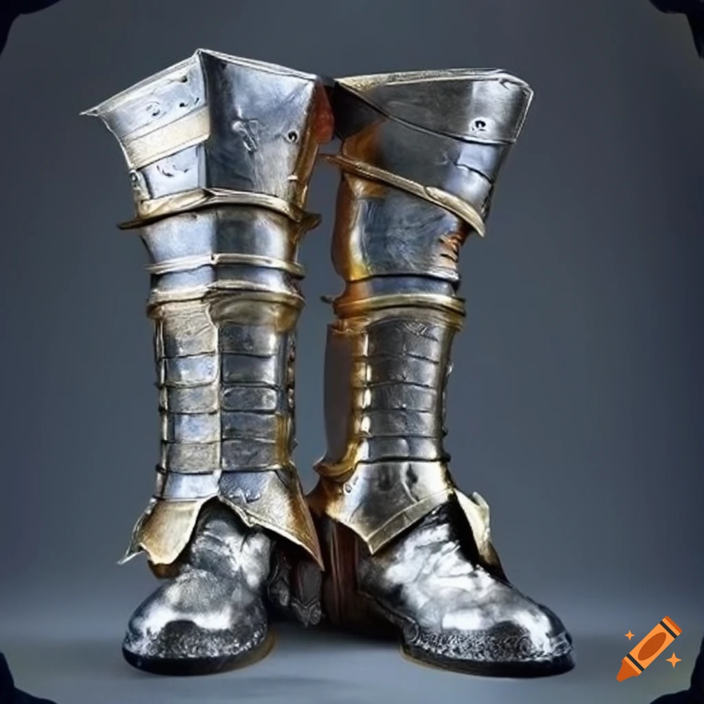 Adorned mithril plated knight boots with a magical aura in medieval ...