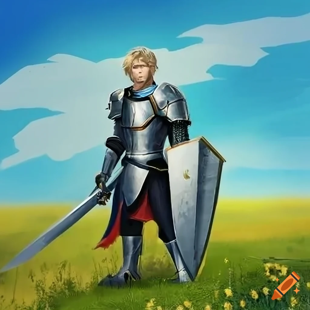 Full bodied young noble paladin standing in a serene meadow on Craiyon