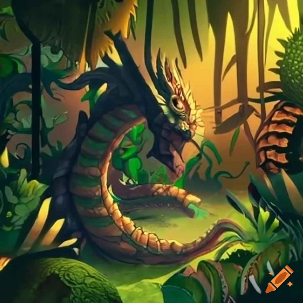 Massive statue of dragon, scorpion, turtle, and snake in lush jungle ...