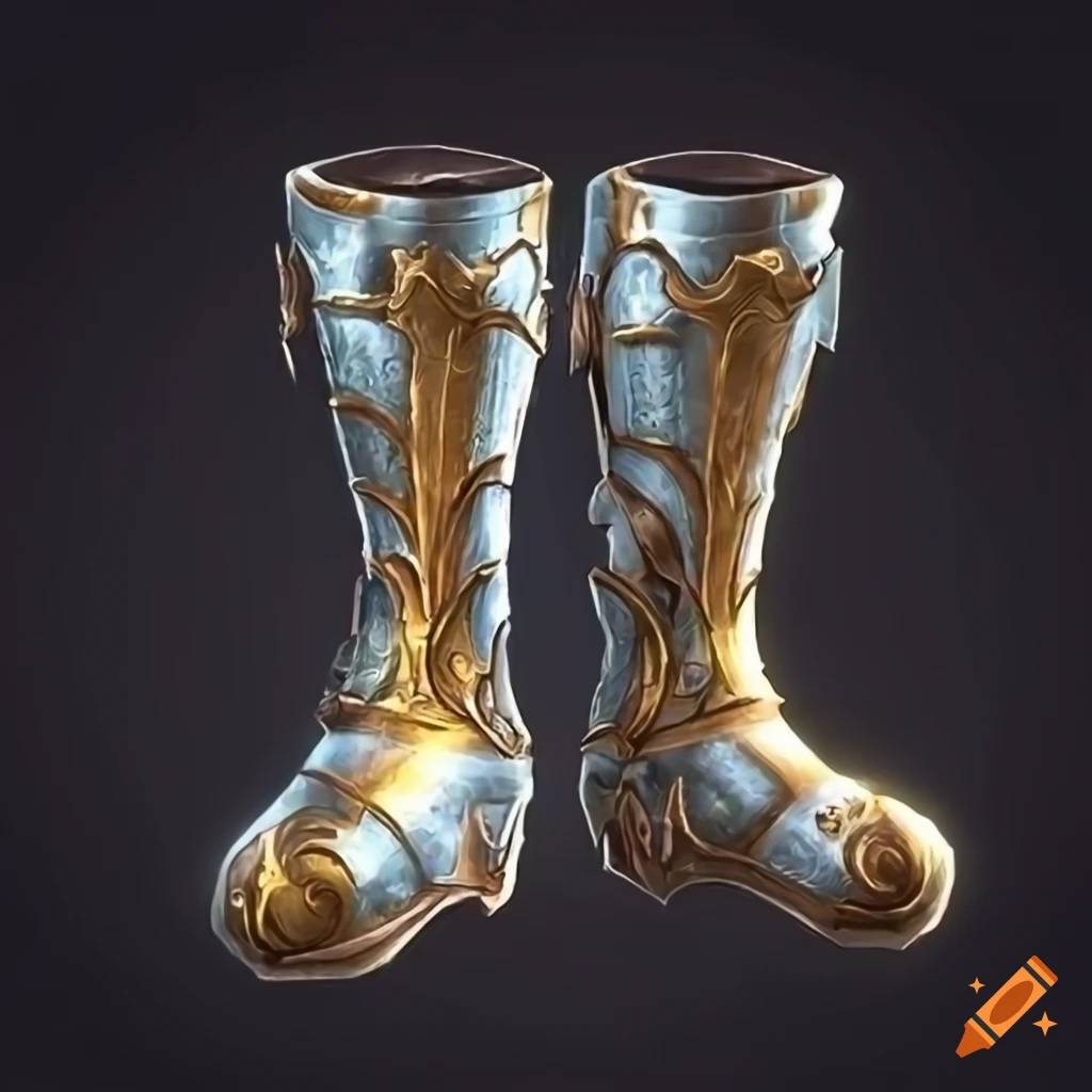 Adorned mithril plated knight boots with a magic aura in a fantasy rpg ...
