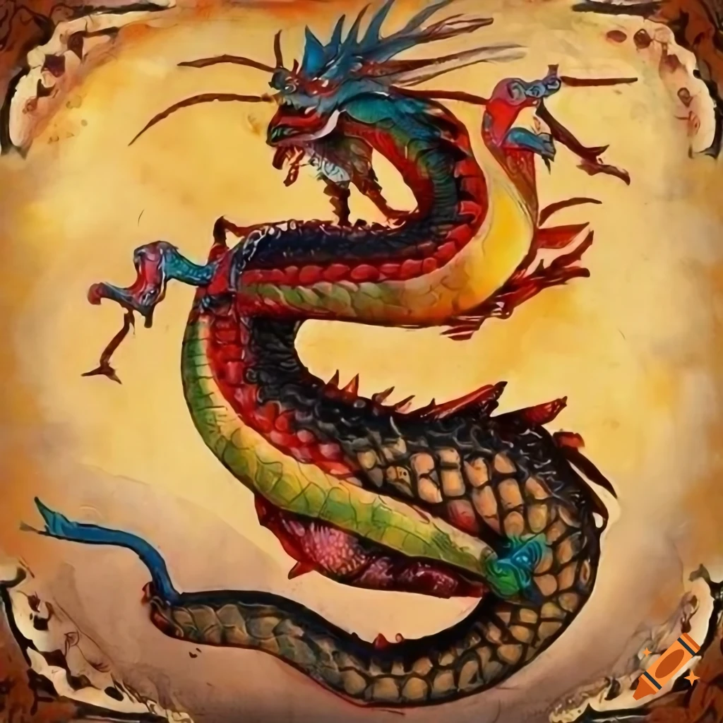 Ukiyo-e style mythical animal combining dragon, snake, turtle, and ...