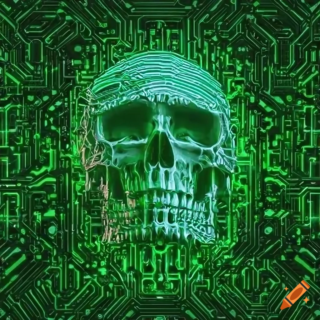 Abstract skull artwork with neon green circuitry and geometric design on Craiyon