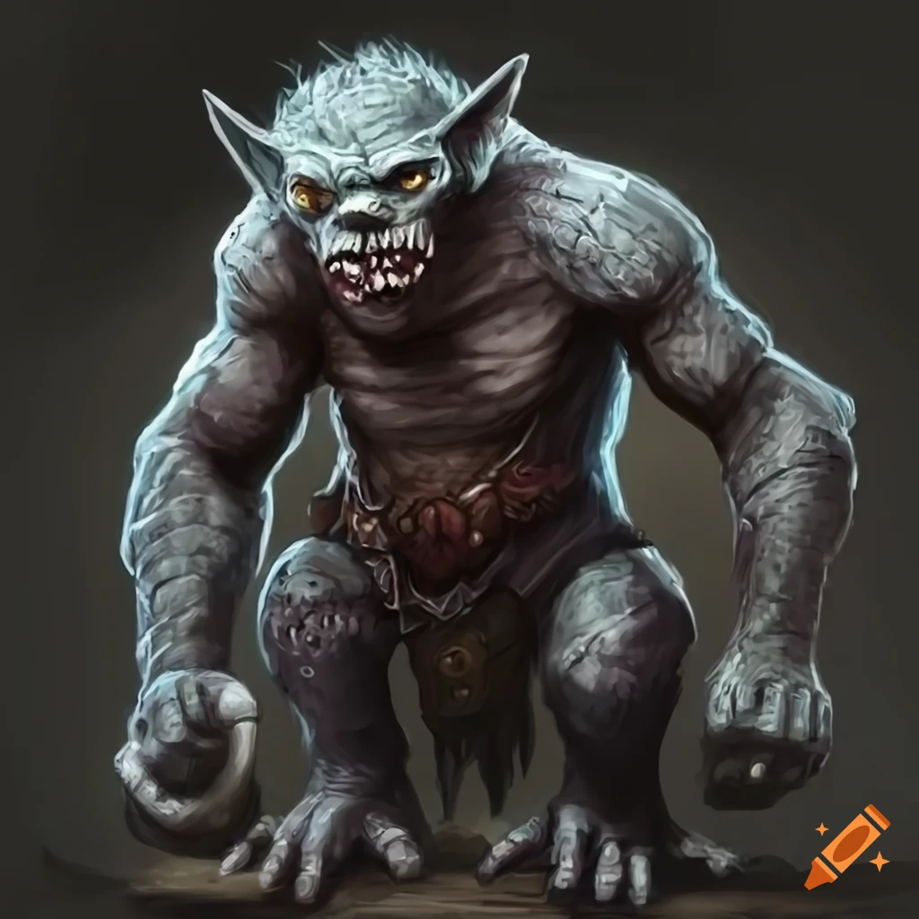 Detailed front view of a mystical troll with gray skin and shoes in ...
