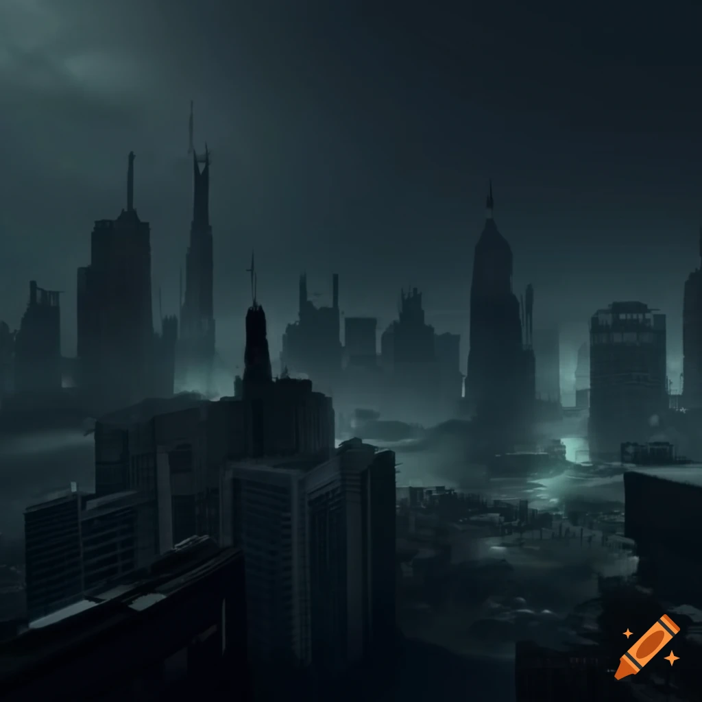 Eerie dystopian city with alien tech in a dark night landscape on Craiyon