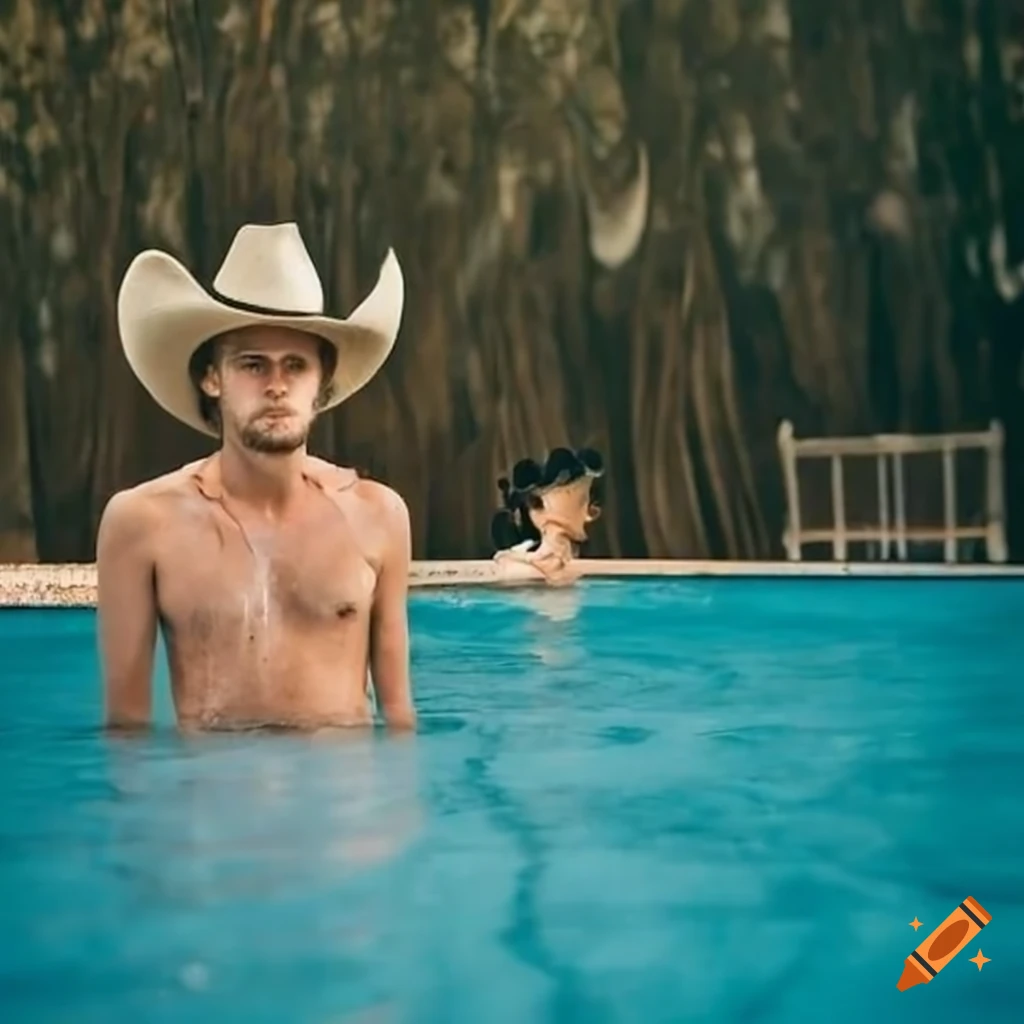 Sad cowboys in cowboy hats at a pool party on Craiyon